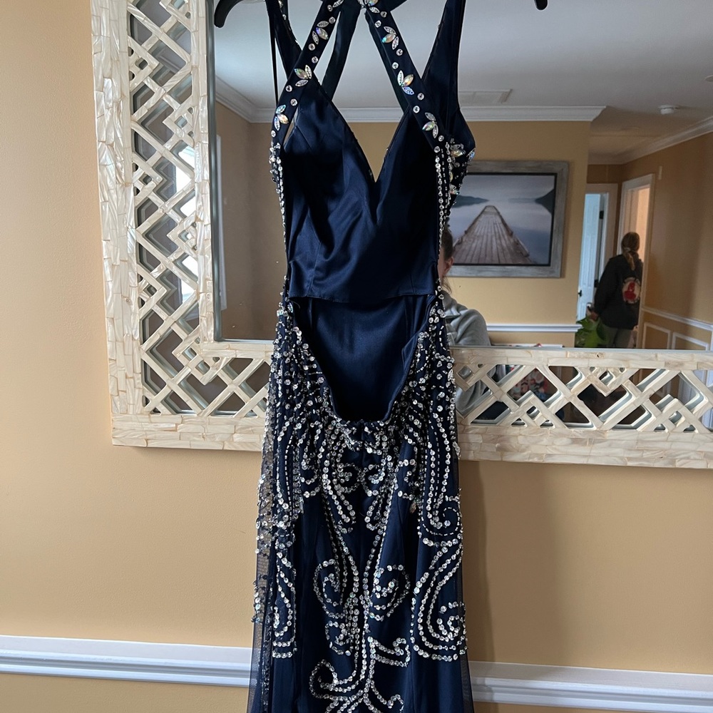 Navy Blue Sequin Prom Dress! Open Back. Mermaid Bottom - Gem